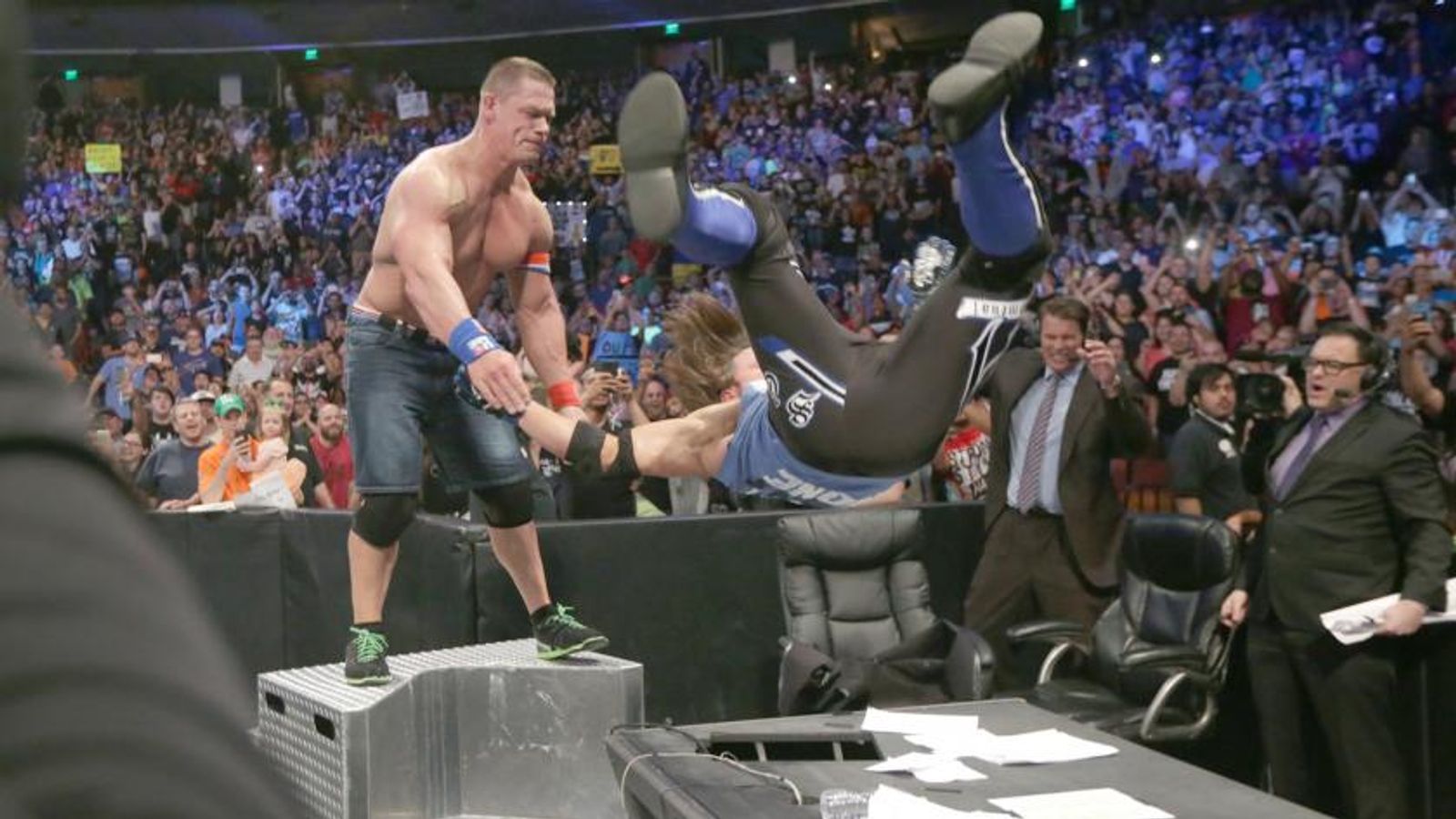 Wwe Smackdown John Cena Puts Aj Styles Through Announce Desk Wwe
